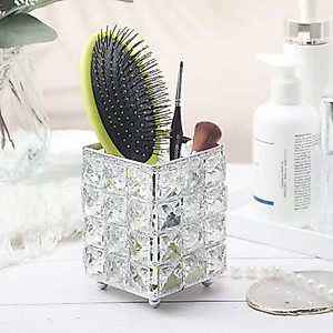 2 Packs Crystal Makeup Brush Holder Organizer Cosmetics Brushes Storage Cup Handcrafted Pen Pencil Holder Container, Square (Silver)
