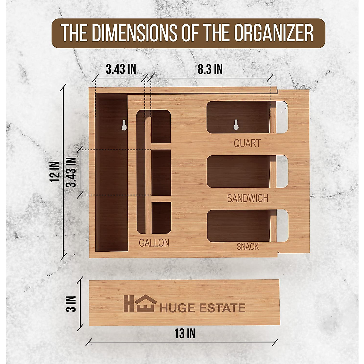 Bamboo Ziplock Bag Storage Organizer Baggie Holder for Drawer and Wall Kitchen Compatible with Solimo, Ziploc, Hefty, Glad for Gallon, Quart, Sandwich, Snack and Slider Bags by brand Huge Estate