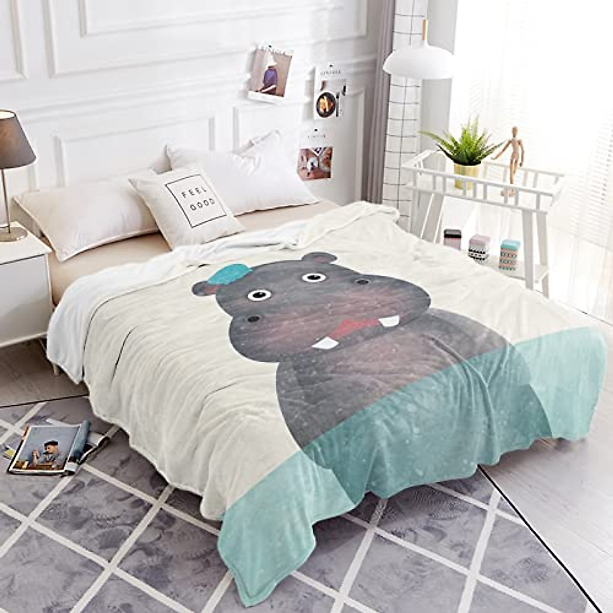 Ruian Store Throw Blanket Cartoon Hippo Blue Stream,Warm Soft Plush Lightweight Flannel Fleece Blankets Grey Animal River Horse,Microfiber Throws for Bed Sofa Couch Camping All Seasons Use 50x60In