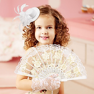 Sintege 4 Pcs Girls Tea Party Set Tea Party Gloves Hats Necklace Fans for Girls(White)