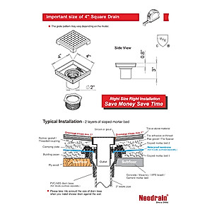 Neodrain 4-Inch Square Shower Drain with Removable Quadrato Pattern Grate, PVC Shower Drain Base and Rubber Gasket for Bathroom Floor Drain, Brushed 304 Stainless Steel, Includes Hair Strainer
