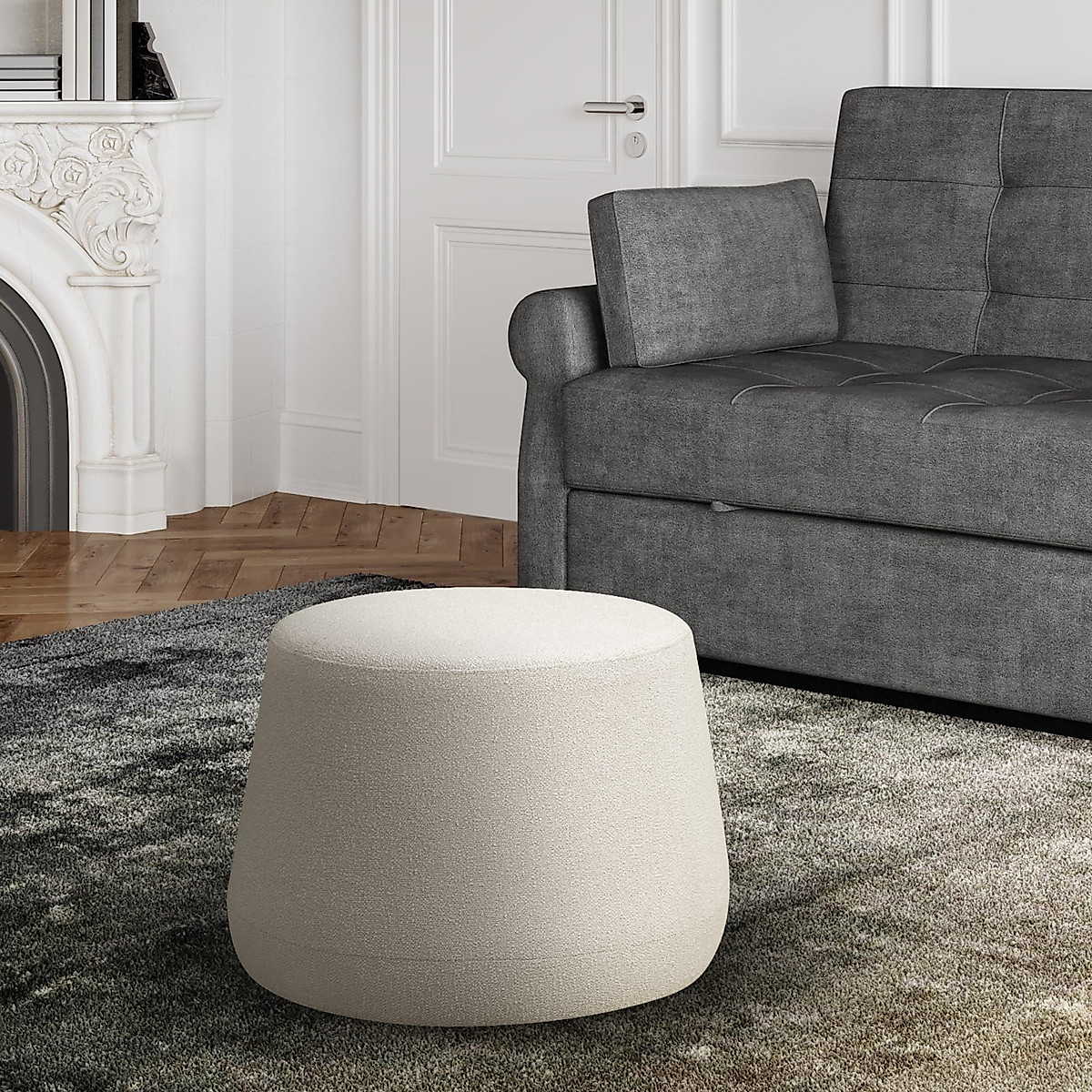 Lifestyle Solutions 24” Waverly Ottoman Round Elegant Boucle Fabric, Stationary Ottomans, Backless Chair, Footrest for Living Room, Footstool Office, Bedroom, Padded Seat, Snow White Ivory