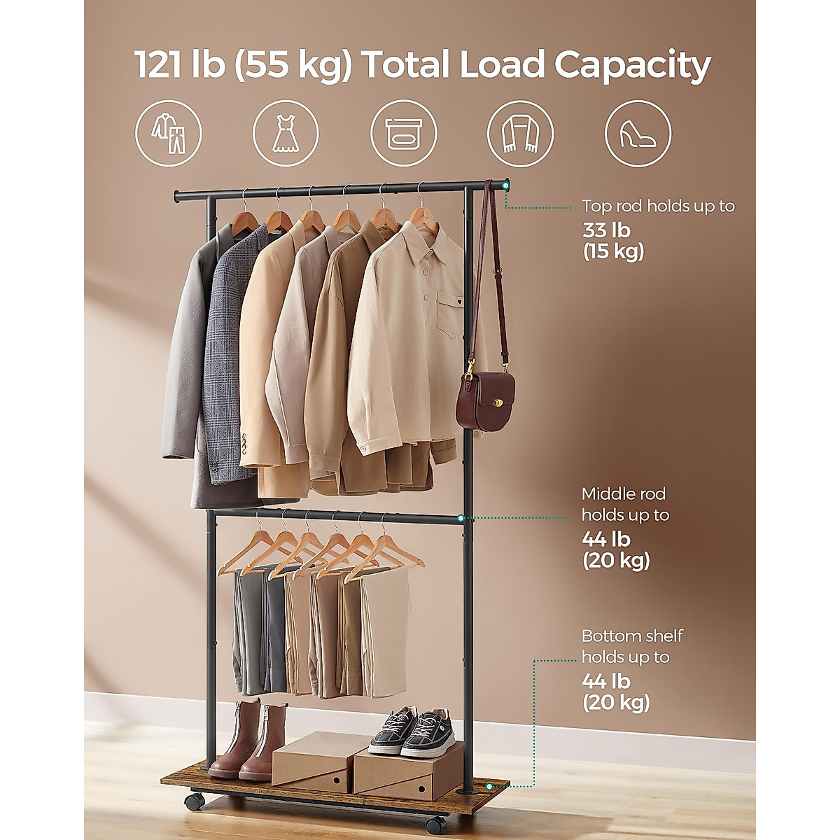 SONGMICS Clothes Rack with Wheels, Middle Rod Clothing Rack for Hanging Clothes, 38.8 Inches Garment Rack with Shelf, Height Adjustable, Loads up to 121 lb, Rustic Brown and Ink Black UHSR153B01