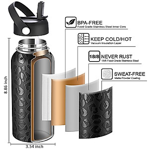 WEREWOLVES Personalized Insulated Water Bottle with Paracord Handle Straw Lid & Spout Lid, Vacuum Stainless Steel Wide Mouth Water Bottle for Adults (40oz, Leopard Print-Black)