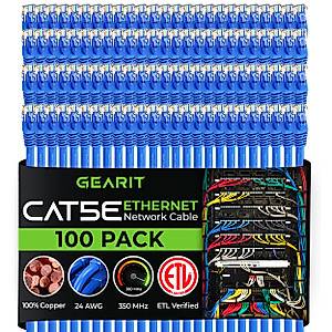 GearIT 100-Pack, Cat5e Ethernet Patch Cable 1 Foot - Snagless RJ45 Computer LAN Network Cord, Blue