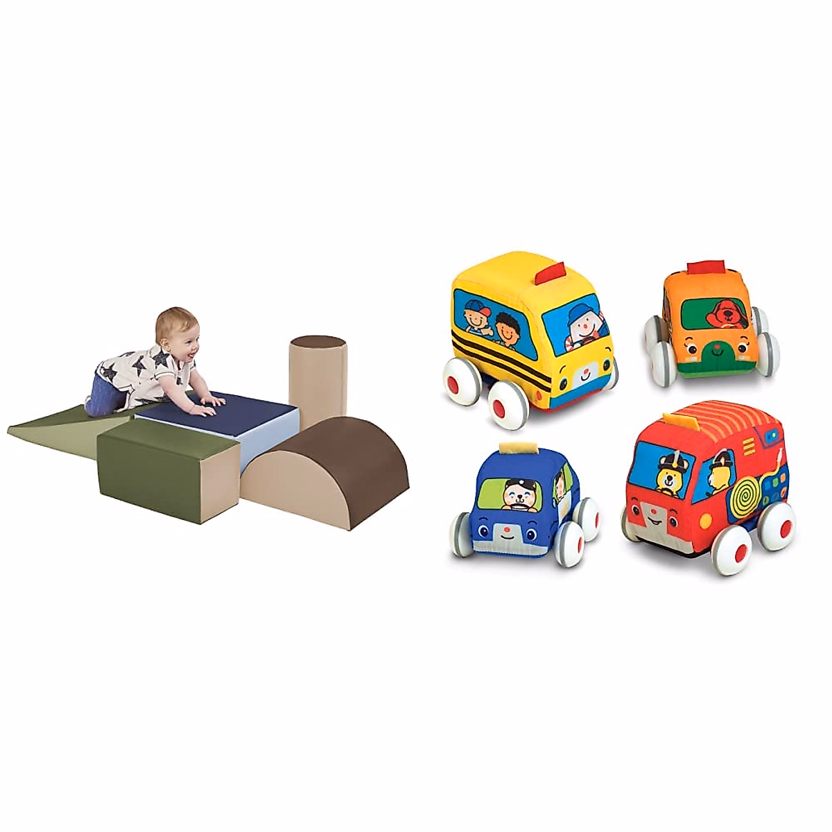 ECR4Kids SoftZone Climb and Crawl Activity Play Set & Melissa & Doug K's Kids Pull-Back Vehicle Set - Soft Baby Toy Set with 4 Cars and Trucks and Carrying Case