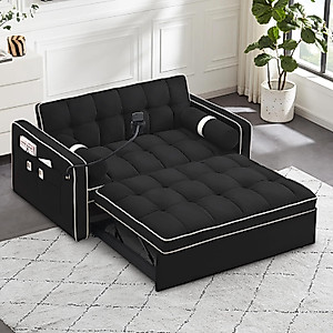 Antetek Upgraded Sleeper Sofa Couch Bed with Phone Holder, 3 in 1 Small Modern Convertible Velvet Loveseat Futon Sofa w/Pullout Bed, Adjustable Backrest for Living Room Apartment, Small Space, Black