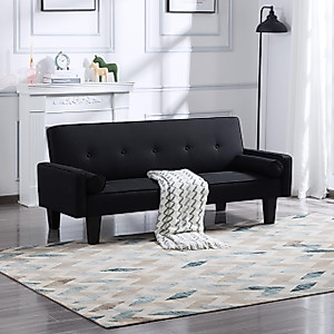 BSHTI Convertible Loveseat Sofa Bed w/Adjusting Backrest,Futon Sleeper Couch with 2 Long Pillows, Removable Square Armrest, for Apartment, Office, Compact Living Room,Dark Gray