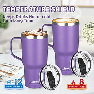 20 oz Insulated Coffee Mug with Ceramic Coating, Stainless Steel Travel Mug Tumbler with Handle Lid and Straw, Double Wall Leak-Proof Thermos Coffee Travel Mug Keeps Drink Hot and Cold (Purple)