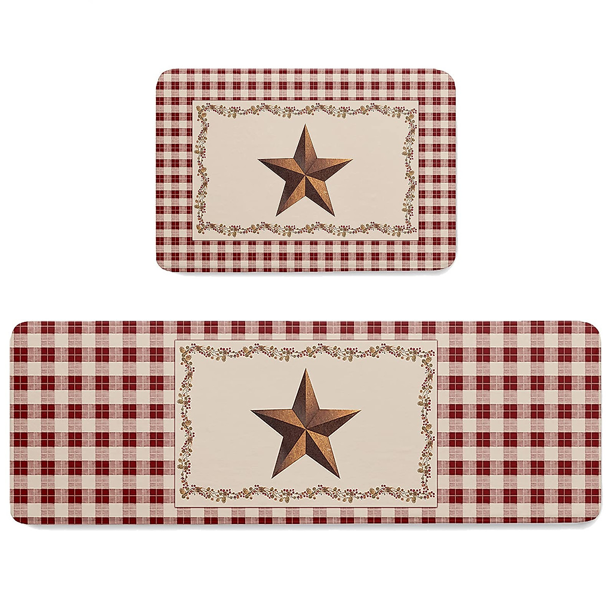 Libaoge Kitchen Mat Rug Set of 2 Rustic Barn Texas Western Star Red Buffalo Plaid Runner Rug Anti-Fatigue Comfort Memory Foam Standing Mat Non-Slip Floor Door Mat for Bathroom Bedroom 20x32in+20x47in