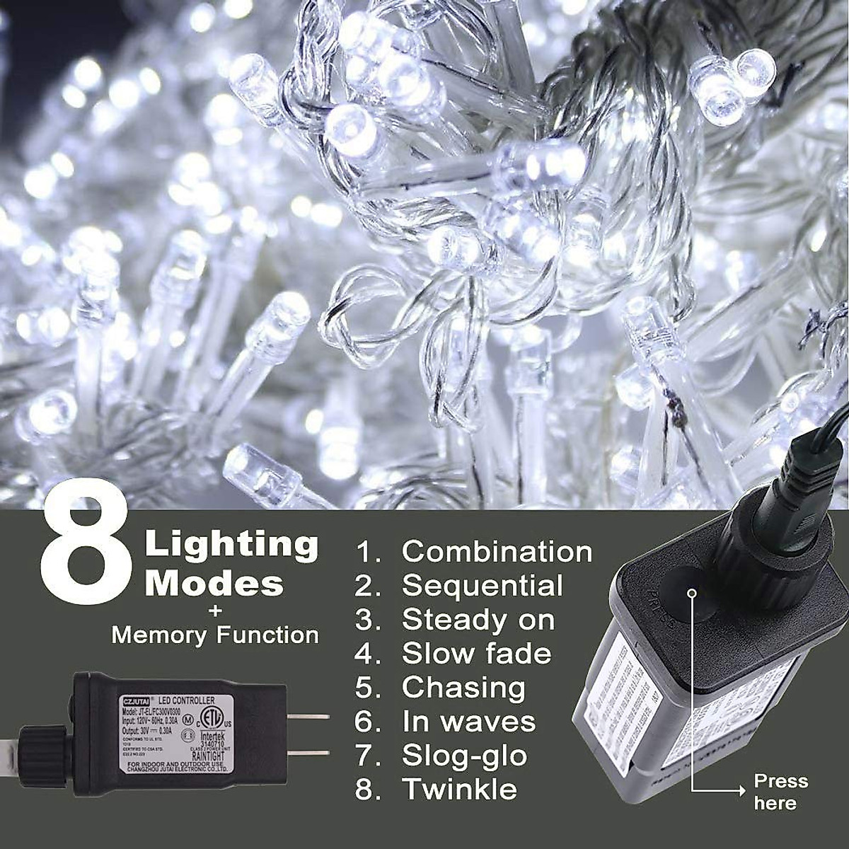 Christmas String Lights - 120 LEDs 49ft/15m End-to-End 8 Modes Plug in - Indoor/Outdoor Waterproof Decorative Fairy Twinkle Xmas Lights for Home/New Year/Tree/Thanksgiving Day/Wedding - Cool White