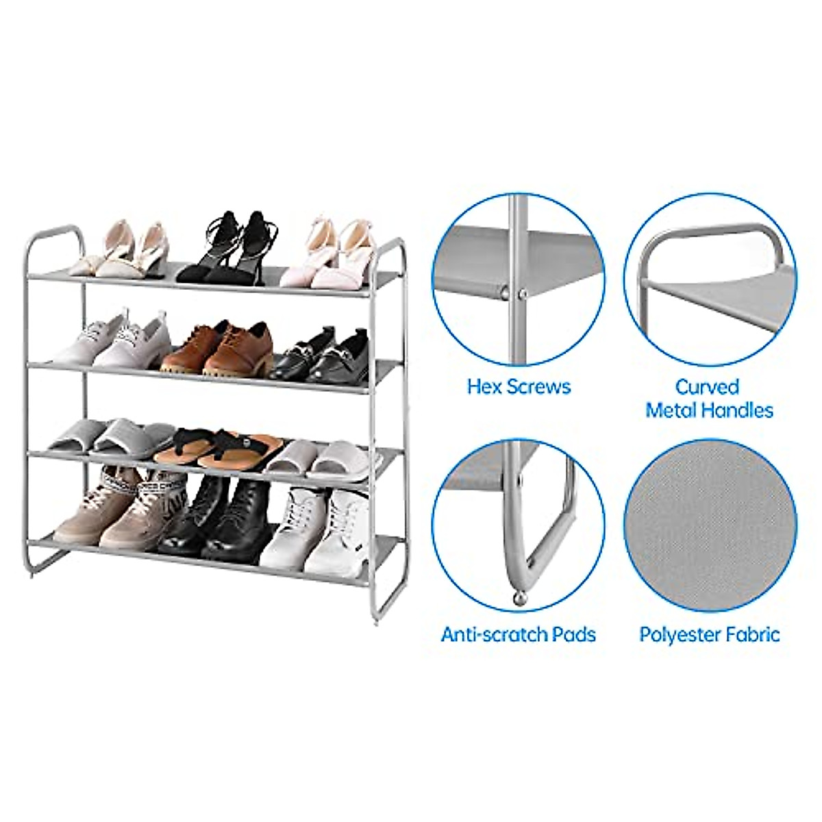 MAX Houser 4 Tier Shoe Rack Storage Organinzer 4 Shelf Shoe Rack Organizer，Entrance Fabric Shoe Shelf Small for Closet Entryway Hallway Bedroom(Light Gray)