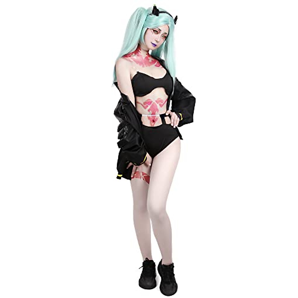 C-ZOFEK Rebecca Cosplay Outfits Black Coat Halloween Costume (X-Large) with Tattoo Stickers (pink)