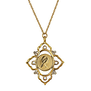 American Coin Treasures Pendant Necklace with Queen Elizabeth II 1/2 New Penny Great Britain Coin | Victorian Style Goldtone | 21 Inch Rope Chain with Lobster Claw Clasp | Certificate of Authenticity