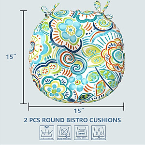 LVTXIII Outdoor Seat Cushions All Weather Patio Chair Pads with Ties, Comfortable Round Bistro Chair Cushions for Home Office and Patio Garden Furniture Decoration 15”x15”x4”, Set of 2, Flower Blue