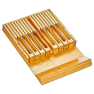 mDesign Bamboo In-Drawer Knife Organizer Holder Storage Block for Kitchen; 16-Slot Cutlery Dock Insert Holds 8 Small Knives, 8 Large Knives and Sharpener - Home Sort Collection - Natural