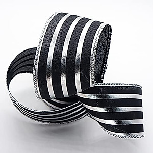 CT CRAFT LLC Black Satin with Silver Stripe Wired Ribbon - 2.5" x 10 Yards for Christmas Home Decor, Gift Wrapping, Bow Making, Wreath, DIY Crafts