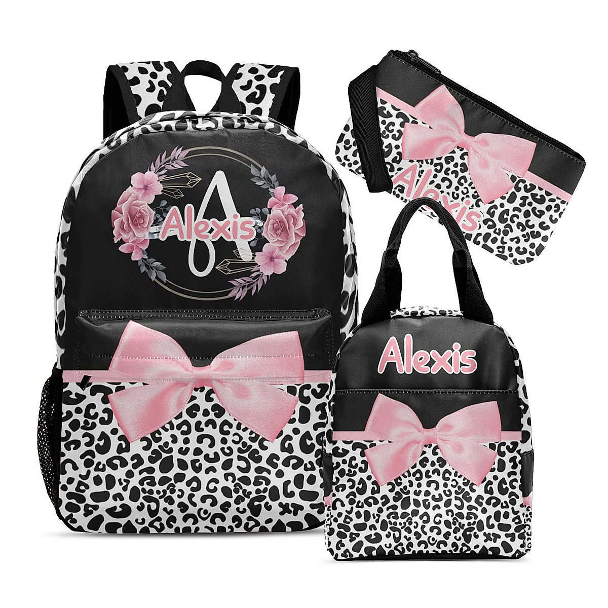 Anneunique Customized Leopard Print Pink Black Bow Backpacks Set with Name Multifunctional Series Pack 1Casual Pack +1Lunch Handbag +1Pencil Case