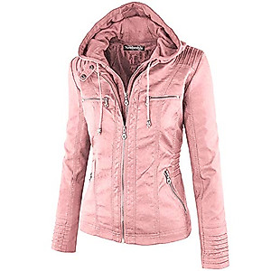 Newbestyle Faux Leather Jacket for Women Casual Moto Biker Jacket Quilted Full-Zip Coat Pink M