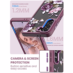 Dretal for Samsung Galaxy S21 5G Case Floral, Military Grade Drop Tested Hard Back & Soft Edge Slim Flower Women Girls Phone Protective Cover + Tempered Glass Screen Protector for Galaxy S21(Purple)
