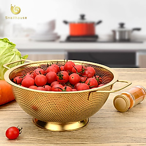 Snailhouse Colander, 3 Quart Stainless Steel Pasta Rice Food Metal Strainer with Handles and Self-draining Base for Kitchen, Gold