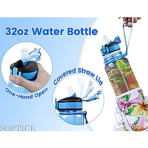 SOPTICE 32oz Water Bottles with Sleeve and Straw Lid Hands Free for Outdoor Sports Insulated Neoprene Holder with Adjustable Strap BPA Free Reusable Drink Jug with Carrier Bag for Phone Tiger Lily