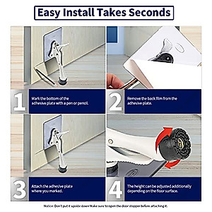 HOME&I No Drilling Kick Down Door Stopper with Large Self Adhesive Screw Bracket, Plate ,Commercial Heavy Duty Door Kick Stopper for Bottom of Door ,Height-Adjustable Rubber Foot,4 Inch