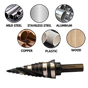GUSHI Step Drill Bit,3/16 to 7/8 Inch M2 HSS High Speed Steel Spiral Grooved Step Bit for Stainless Steel, Hardened Metal, Mild Steel, Galvanized Steel, Aluminum, Copper, Plastic, Wood
