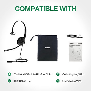 Yealink Phone Headsets for Office Phones YHS34 Lite QD to RJ9 Wired Headset Compatible with Poly Snom Grandstream Phones Desk Landline Headset with Microphone -Mono/72g/2.1m Cable