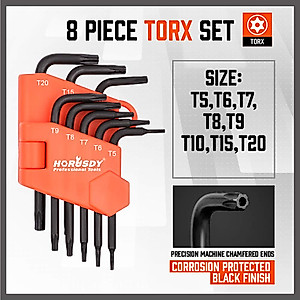 SEDY 8-Piece Mini Torx L Key Set, Tamperproof Torx Star Allen Wrench, T5, T6, T7, T8, T9, T10, T15, T20, Cr-V