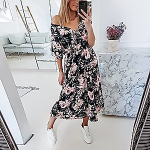 WYTong Women Boho Dresses Short Sleeve Deep V-Neck Casual Dress Pleated Waist Maxi Dress With Belt(Navy,Small)