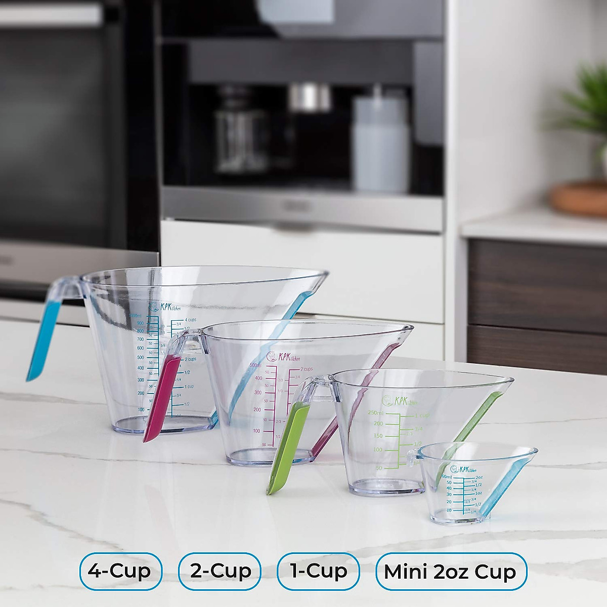 4-Piece Angled Liquid Measuring Cups Plastic Set - Mini Oz, 1, 2 and 4 Plastic Measuring Cup Sizes - Plastic Measuring Cups For Liquids with ML & Cups Measures - KPKitchen Small & Large Measure Cup