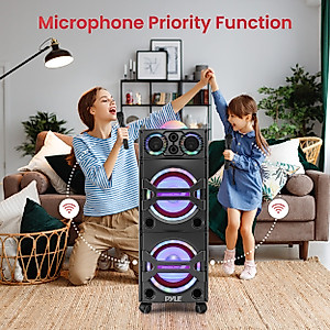 Pyle Portable Bluetooth PA Speaker System - 2000W Active powered Outdoor Bluetooth Speaker Portable PA System w/ Microphone In, Party Lights, USB SD Card Reader, AUX/RCA/FM Radio, Wheels - PSUFM1043BT