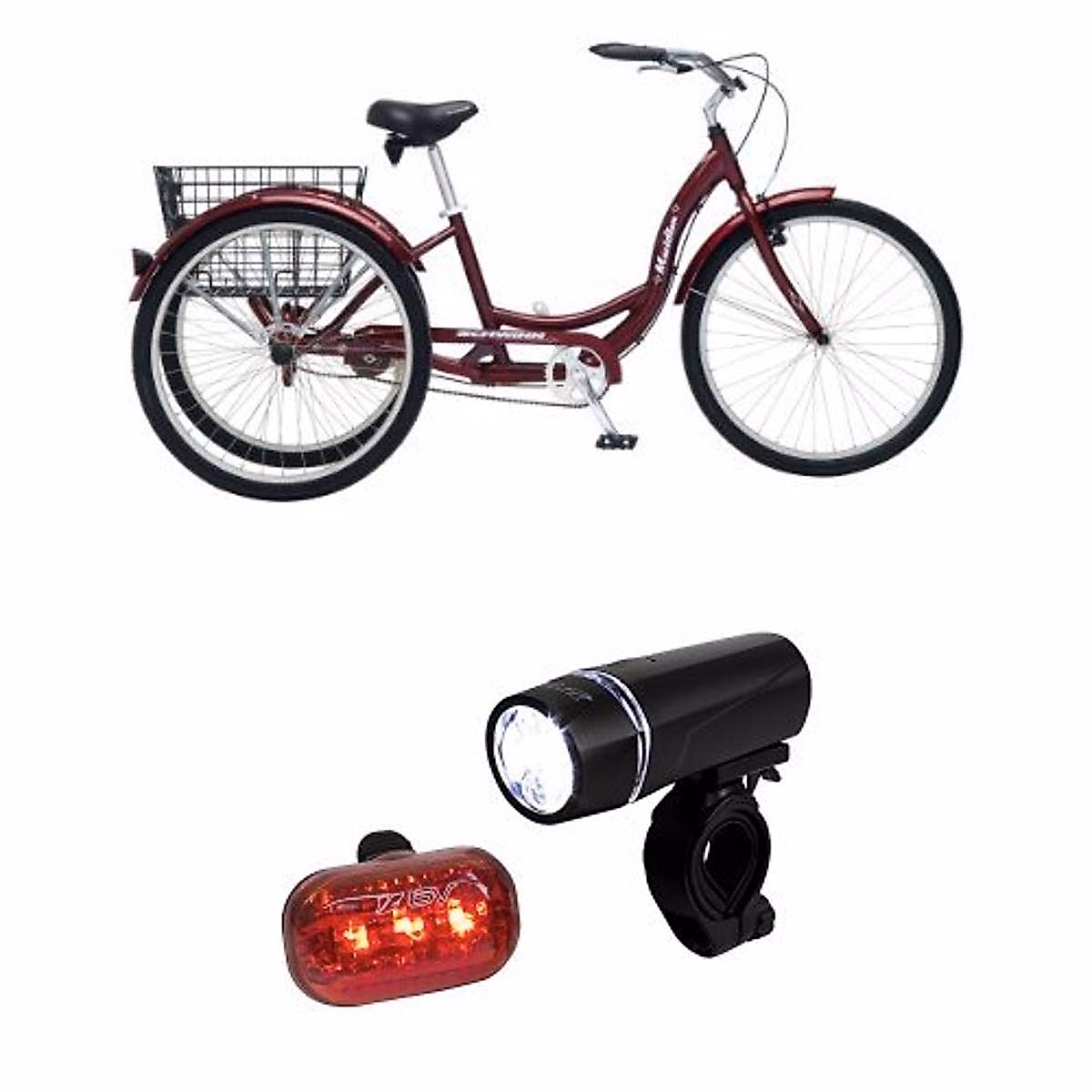 Schwinn Meridian Adult 26-Inch 3-Wheel Bike (Black Cherry) and BV Bicycle Light Set Super Bright 5 LED Headlight, 3 LED Taillight, Quick-Release