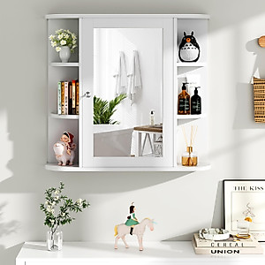 SUNLEI Bathroom Cabinet Wall Mounted with Mirror Door, Over The Toilet Storage Cabinet with Doors and Shelves, Bathroom Medicine Cabinets with 6 Open Shelves for Bathroom Organizer or Laundry(White)