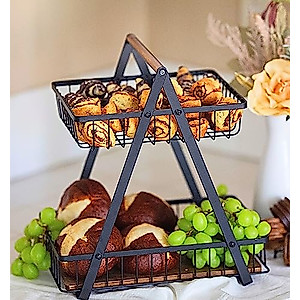 Emerson Ergonomics 2-Tier Large Fruit Basket || Wood Metal Bread Basket || Kitchen Countertop Fruit Bowl