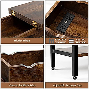 Hadulcet Side Table with USB Ports and Outlets, Narrow Sofa End Table with Storage Shelf for Small Spaces, Bedside Table Nightstand with Charging Station Rustic Brown