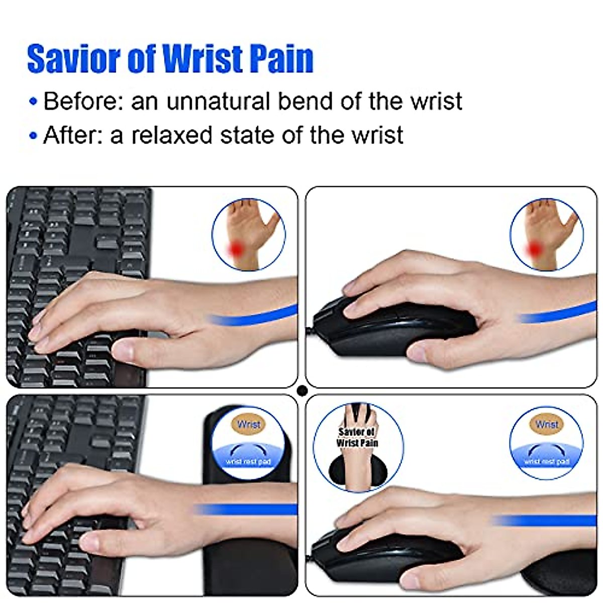 JIKIOU Upgrade Enlarge Gel Memory Foam Set Keyboard Wrist Rest Pad, Mouse Wrist Cushion Support for Office, Computer, Laptop, Mac, Comfortable, Lightweight for Easy Typing Pain Relief, Black