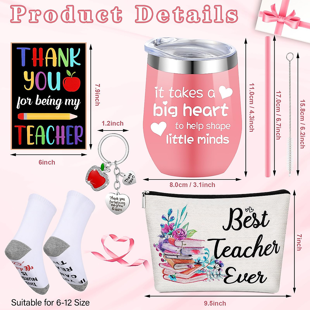 Newtay Teacher Appreciation Gifts Thank You Teacher Gifts Basket,12 oz Wine Tumbler Best Teacher Makeup Pouch Bag Keychains Teacher Socks for Teacher Appreciation Supplies (Big Heart)