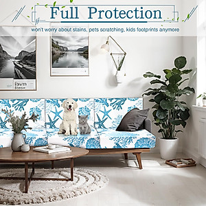 Tingjoo 8Pcs Patio Stretch Sofa Cushion Cover Outdoor Cushion Cover Replacement Patio Furniture Cushions Couch Slipcovers Chair Seat Cover Soft Flexibility Protector (Blue Ocean)