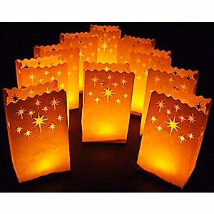 Since White Luminary Bags - 20 Count - Stars Design - Wedding, Reception, Party and Event Decor - Flame Resistant Paper - Luminaria (Stars)