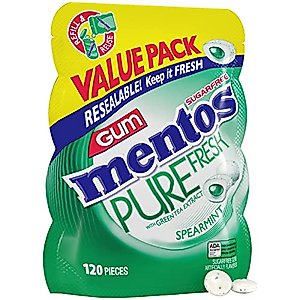 Mentos Pure Fresh Sugar-Free Chewing Gum with Xylitol, Spearmint, 120 Piece Bulk Resealable Bag (Pack of 1)