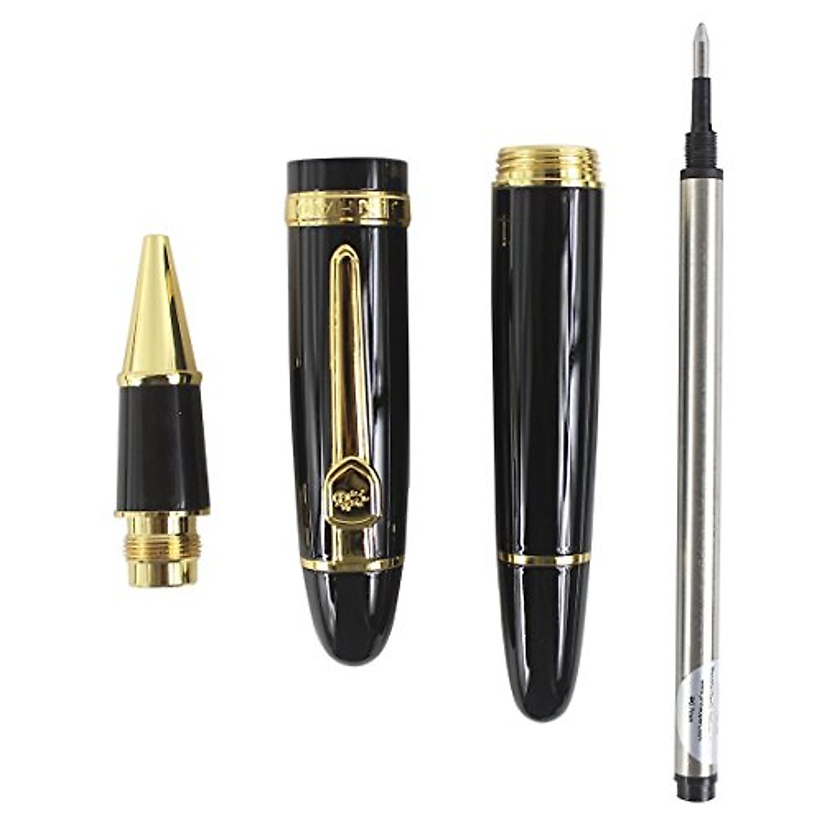 Abcsea 1PCS Heavy Big Rollerball Pen 159 and 10PCS Black Ink Rollerball Pen Refill, Spiral Ballpoint Pen Refills with Cover, Medium Point - Black Pen and Black Spiral Refills (0.5MM)