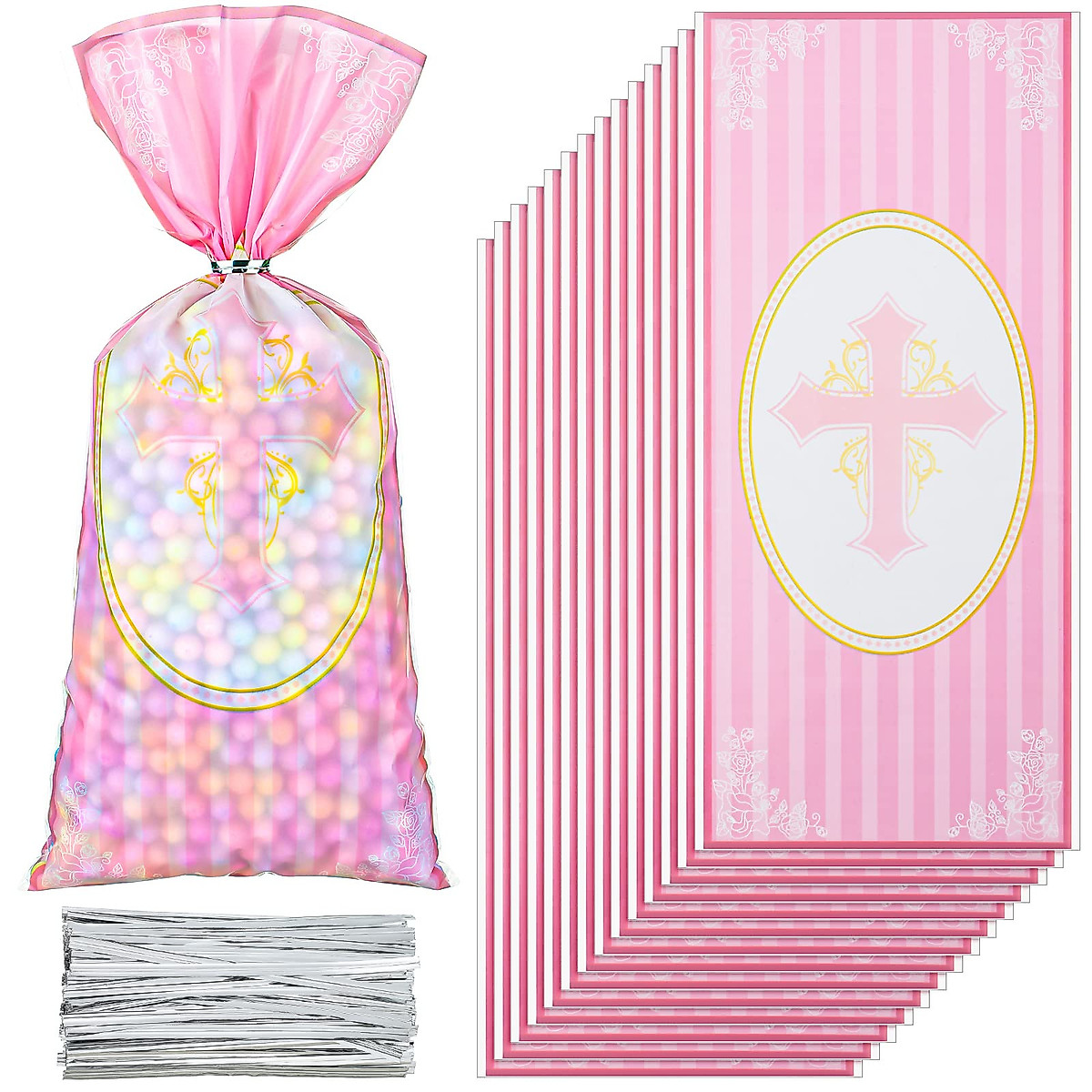 HOTOP 100 Pcs Baptism Cellophane Bags Christian Gift Treat Bag Religious Goodie Candy with 150 Ties First Communion Party Supplies Christening Confirmation Baby Shower Serves for Boy and Girl, Gold