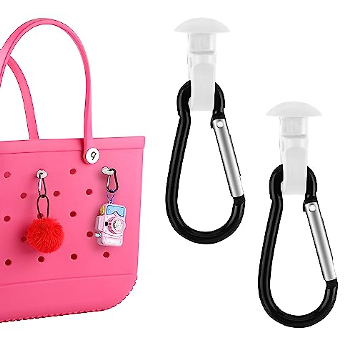 2pcs Key Holder for Bogg Bag, Keychain Hanger Carabiners Clips Carabiner Key Holder Charm Accessories for Bogg Bag (2 Black Carabiners + 2 White Buttons)