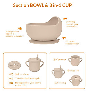 Silicone Baby Feeding Set - REIKTLUD Baby Led Weaning Supplies - Silicone Suction Bowls Divided Plates, Sippy and Snack Cup - Toddler Self Feeding Eating Utensils Set Bib, Spoons, Fork (Grayish-white)