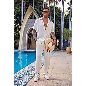 COOFANDY Men's 2 Piece Outfit Casual Short Sleeve Button Down Shirt Beach Summer Loose Pant Sets