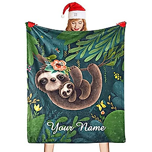 CUXWEOT Custom Blanket with Name Text,Personalized Cute Sloths Super Soft Fleece Throw Blanket for Couch Sofa Bed (50 X 60 inches)