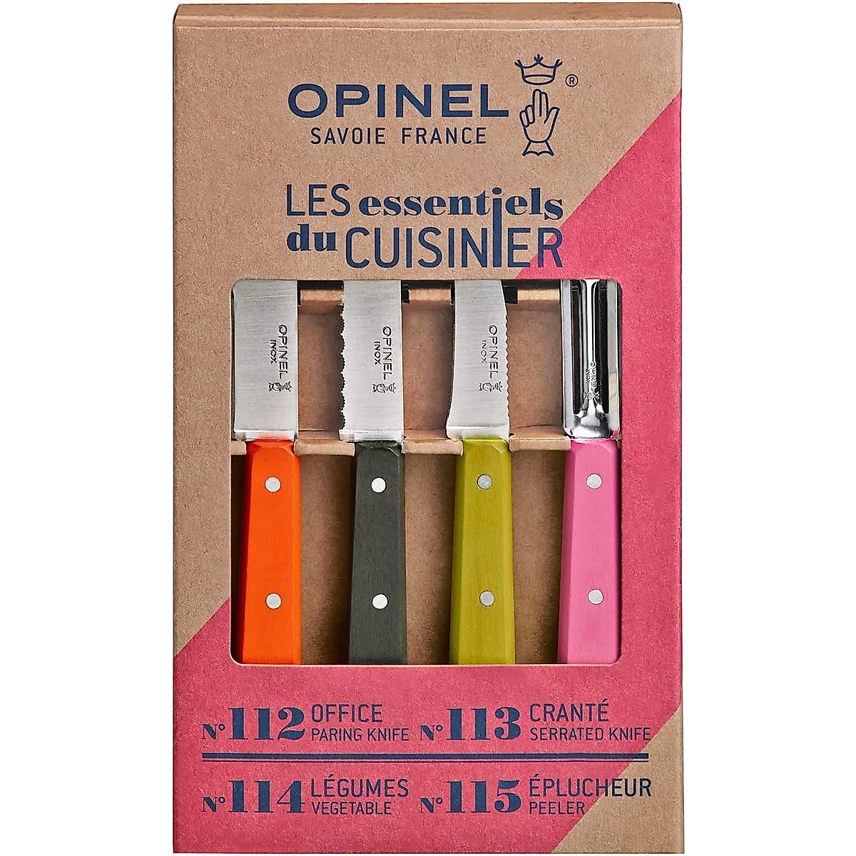 Opinel Les Essentials Small Kitchen 4 Piece Knife Set - Paring Knife, Serrated Knife, Peeler, Vegetable Knife, Corrosion Resistant High Carbon Steel, Made in France (50s)
