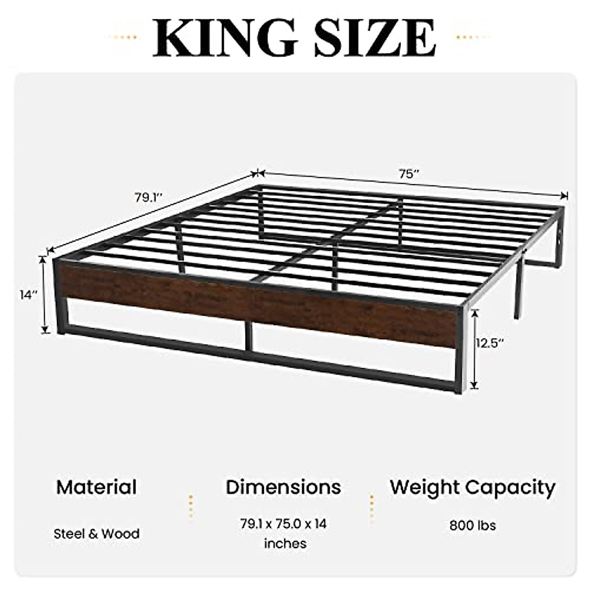 SHA CERLIN 14'' King Size Metal Platform Bed Frame with Rustic Wood & Reverse Holes/Ample Under-Bed Storage Space/Mattress Foundation/No Box Spring Needed/Easy Assembly/Noise Free, Metal Slats